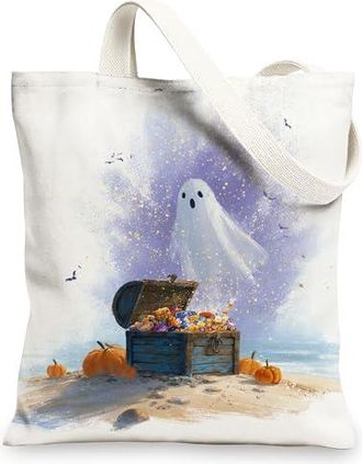 Generic Sacs fourre-tout en toile motif fantôme fantaisie, sacs dépicerie réutilisables, légers et lavables avec bandoulière pour salle de sport, voyage, plag