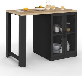 IDMarket Ilot central LINO 120 cm 2 personnes bois noir avec plan de travail façon hêtre et portes vitrées