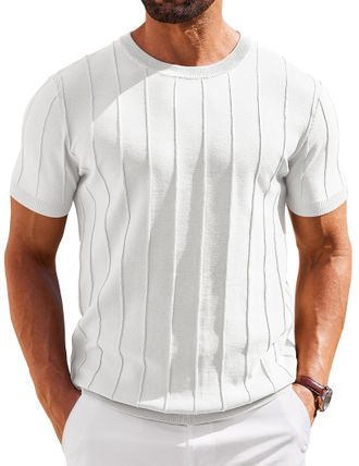 Coofandy Herren T-Shirt Kurzarm Strick Shirt mit Rundhals Shirt Casual Pullover Gestreiftes Strickshirt Sommer Oberteile Wei&szlig; XXL