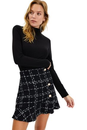 Trendyol Schwarz Buttoned Tweed Fabric Skirt Tip Flounce Mini Woven Skirt TWOAW22ET0155