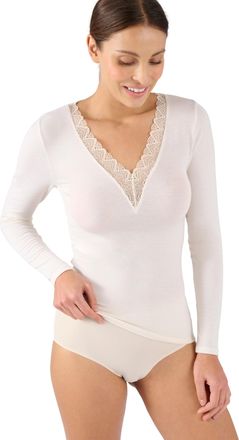 Damart Damen Langarm-Spitzenshirt Thermolactyl T-Shirt, Gebrochenes Weiß, XS