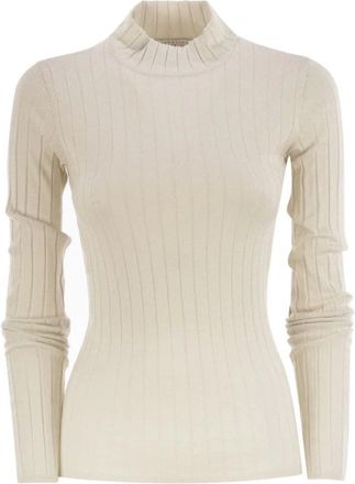Brunello Cucinelli Femme, Pulls, Blanc, Taille: 36 FR Col Roul&eacute; en Cachemire et Soie Scintillant &agrave; Larges C&ocirc;tes