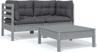vidaXL 3-tlg. Garten-Lounge-Set mit Kissen Grau Kiefer Massivholz - Vidaxl
