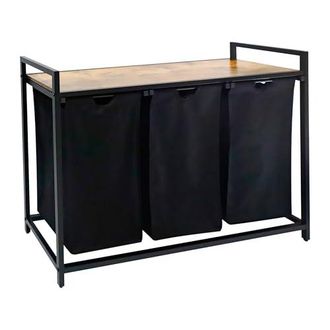 Relaxdays W&auml;schesammler mit 3 W&auml;sches&auml;cke, 150 L, Holzoptik Ablage, HBT: 73,5 x 109,5 x 33cm, W&auml;schekorb, schwarz/natur