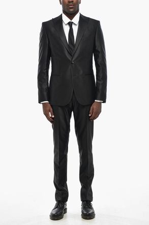 Corneliani CC COLLECTION Dreiteiliger Anzug aus Satin mit Spitzenrevers Corneliani