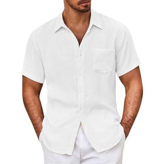 Generic Chemise en coton et lin pour homme - Chemise &agrave; manches courtes de couleur unie - Chemise d&eacute;t&eacute; d&eacute;contract&eacute;e pour homme - Coupe ample - Chemise boutonn&eacute;