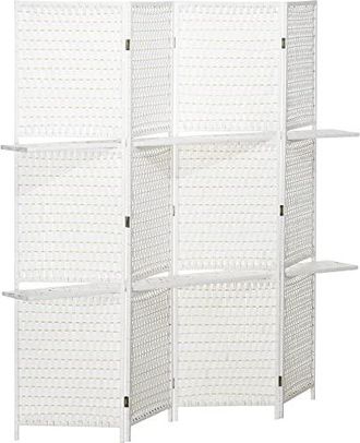 HOMCOM Paravent int&eacute;rieur 4 Panneaux 181L x 180H cm 2 &eacute;tag&egrave;res Pliables s&eacute;parateur de pi&egrave;ce Bois de pin Bambou Fibres de Papier tress&eacute;e Blanc Paille