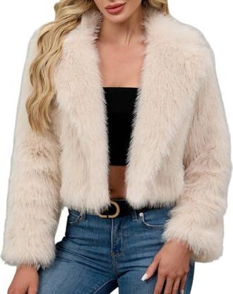 Generic Veste courte en fausse fourrure pour femme, cardigan court &eacute;l&eacute;gant &agrave; manches longues ouvert sur le devant, revers de couleur unie, manteau d&eacute;contract&eacute;