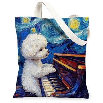 Generic Sac fourre-tout en toile r&eacute;utilisable motif bichon fris&eacute; 33 x 38 cm, motif piano &eacute;toil&eacute;, sac d&eacute;picerie pour femme, animal domestique, chiot, peinture,