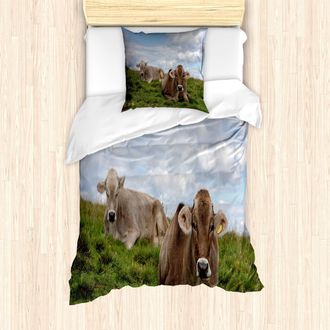 Abakuhaus Bauernhoftier Bettbezug Set für Einzelbetten, Ruhe Kühe und Himmel, Milbensicher Allergiker geeignet mit Kissenbezug, 135 cm x 200 cm - 80 x 80 cm, Me