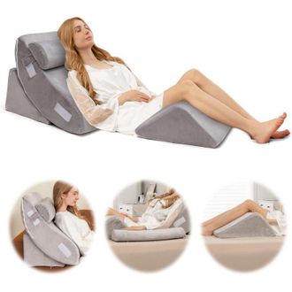 Costway Ensemble dOreillers Compens&eacute;s en Mousse &agrave; M&eacute;moire, Oreiller de Lecture pour Lit avec Appuie-t&ecirc;te Amovible et Coussin Jambes Sur&eacute;lev&eacute; pour