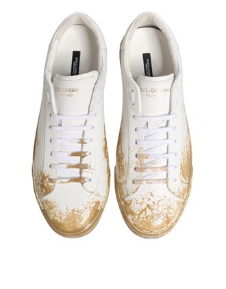 Dolce & Gabbana Mens White Leather Paint Effect Low Top Sneakers Shoes