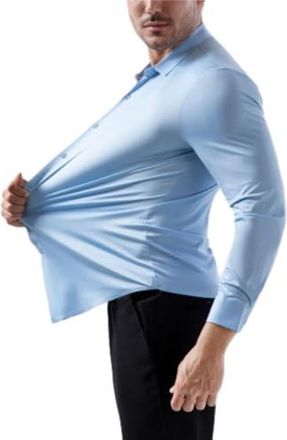 Generic Chemise extensible infroissable et infroissable à manches longues boutonnée coupe régulière, bleu clair, XL