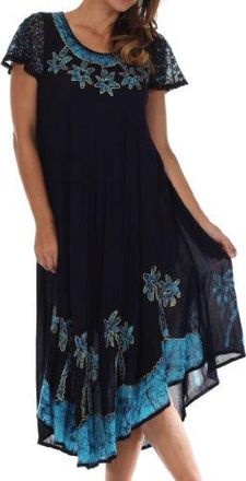 Sakkas A009 Batik Palm Tree Mancherons Caftan Robe/Cover Up - Navy/Turquoise - Taille