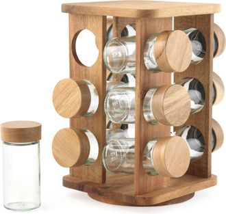 Salter Salter Toronto Drehbares Gew&uuml;rzregal - 12 Kompakte Nachf&uuml;llbare Glasbeh&auml;lter inkl. Gew&uuml;rzetiketten, Schraubverschluss, FSC-Akazienholz & Schraubdeckel