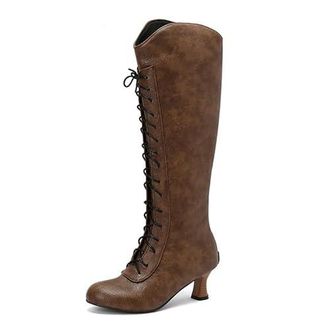 Generic Bottes d&eacute;quitation &agrave; bout rond &agrave; lacets pour femme - Talon bloc - Veau large - Chaussures dhiver r&eacute;tro, marron, 38.5 EU