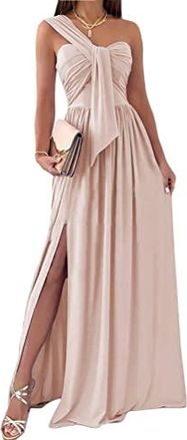 TOMWELL Femme Cocktail Robe Solide Manches Longues Maxi Robes Sexy Elegant Moulante Fente Latérale Robe de Soirée Plage Robe B Rose XS