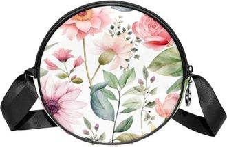 Generic Petit sac &agrave; bandouli&egrave;re circulaire pour femme, motif feuilles florales, sac &agrave; dos avec fermeture &eacute;clair, bretelles r&eacute;glables, sac &agrave; main rond d&eacute;contra