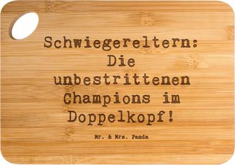 Mr. & Mrs. Panda Bambus - Schneidebrett Spruch Schwiegereltern Champions - Geschenk, Liebe, Familie, Holzbrett mit Gravur, Doppelkopf, Schneidebrett