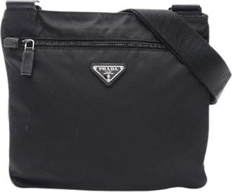 Prada Sac bandouli&egrave;re en nylon Saffiano et cuir avec plaque triangle Pre-owned - Femme - Pre-owned - Noir - Taille: ONE Size