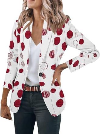 Generic HUIFUAO Blazer &agrave; pois pour femme - Grande taille - Col en V - Veste habill&eacute;e - Manches longues - Manteau dautomne &agrave; revers &agrave; 1 bouton, Rouge, XXL