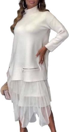 Generic Robe décontractée en Maille Unie pour Femme, Robe en Maille, Robes décontractées de Couleur Unie pour lautomne et lhiver (White,Grand)