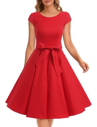 Dressystar Damen Vintage 50er Cap Sleeves Dot Einfarbig Rockabilly Swing Kleider XXL Rot