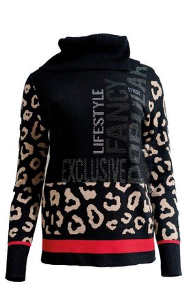 Passioni Rollkragenpullover mit Leoprint und Strass-Schriftzug