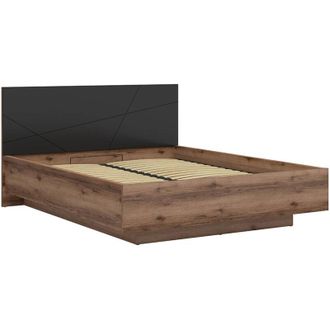 PEGANE Lit coffre 160x200 avec sommier et rangement, coloris Ch&ecirc;ne delano / Noir mat - Longueur 206 x Profondeur 169,5 x Hauteur 98,5/43 cm