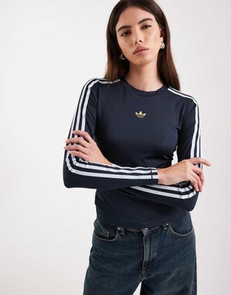 adidas Originals T-shirt manches longues &agrave; 3 bandes - Encre cr&eacute;puscule et ciel cristal-Bleu marine