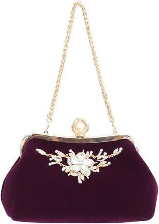 IFUNDOM Pochette de soirée femme en tissu peluche avec pierres transparentes sac à main violet à chaîne résistante sac de banquet et mariage élégant pour cock