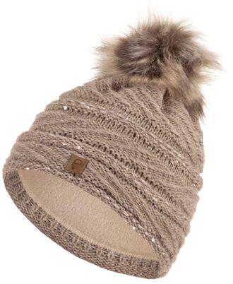 Faera Winterm&uuml;tze M&uuml;tze Damen warm gef&uuml;ttert mit Pailletten Kunstfell Bommel-M&uuml;tze Fleecefutter Winter Herbst Strickm&uuml;tze Beanie M&auml;dchen 62, Farbe:Beige