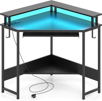 Giantex Eckschreibtisch, L-förmiger Computertisch mit mehrfarbiger LED & Ladestation, Schreibtisch mit Monitorständer & verstellbare Tastaturablage, Arbeitsti