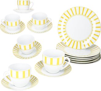 MamboCat Split gelb 18tlg Kaffeeservice I weißes Porzellan-Geschirr mit Streifen für 6 Personen I Je 6X Tassen 200ml, Untertassen & Teller für Frühstück & Kaff