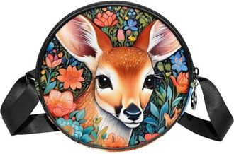 Generic Sac &agrave; bandouli&egrave;re rond pour femme, petit sac &agrave; bandouli&egrave;re avec fermeture &eacute;clair, bretelles r&eacute;glables, style d&eacute;contract&eacute;, motif cerf