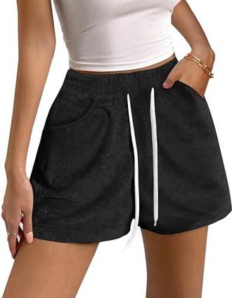 Bsubseach Short de survêtement en tissu éponge avec poches et cordon de serrage pour femme - Tenue de vacances dété 2025, noir, Taille L