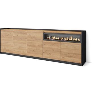 Skraut Home Skraut Home - Sideboard, Highboard, Kommode, 260x37x80cm, 5 T&uuml;ren, Elektrokamin., Eiche Schwarz