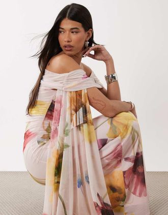 Asos Robe longue en tulle &agrave; fleurs avec &eacute;paules d&eacute;nud&eacute;es &agrave; rabat et d&eacute;tail fa&ccedil;on foulard - Rose p&acirc;le