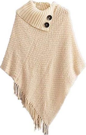 Lazzboy Magnifique Poncho à Capuche Ouvert Femme Châle Boutons Élégant Franges Cape Epaisse Chaud Écharpe Automne Hiver Beige Taille uni