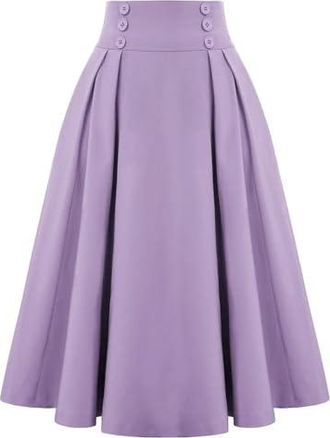 Generic Jupe mi-Longue à Carreaux pour Femme - Jupe plissée Taille Haute avec Poches - Élégante Jupe évasée trapèze - Lavande - XL