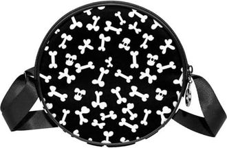 Generic Sac &agrave; bandouli&egrave;re rond pour femme, motif os de chien, fond blanc noir, petit sac &agrave; bandouli&egrave;re avec fermeture &eacute;clair, bretelles r&eacute;glables, sac &agrave; main 
