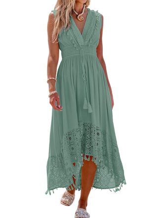 Cupshe Damen Sommerkleid Spitze V Ausschnitt Ärmellos Kleid Gesmokte Taille Lang Freizeitkleid Quaste Strand Maxi Dress Minzgrün M