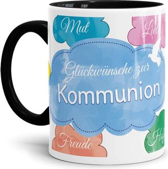 Tassendruck Geschenk-Tasse zur Kommunion Glückwünsche Wolke - Erwachsen/Kind/Feier/Innen & Henkel Schwarz