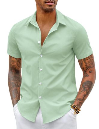 Coofandy Hemd Herren Kurzarm Businesshemd B&uuml;gelfreie Hemden Leicht Sommerhemd Slim Fit Kurzarmhemden Freizeithemd Kurzarm Formales Hemd Hellgr&uuml;n 3XL