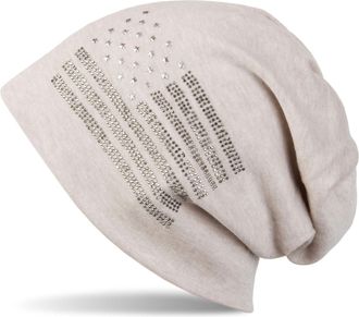 styleBREAKER Beanie M&uuml;tze USA Flaggen Design mit Strass-Applikationen, Unisex, Jersey leicht &Uuml;bergang Fr&uuml;hling Herbst, Farbe:Beige