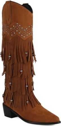 Generic Bottes déquitation vintage pour femme avec franges et rivets décoratifs, larges mollets à enfiler, chaussures habillées décontractées, marron, 39.5 EU