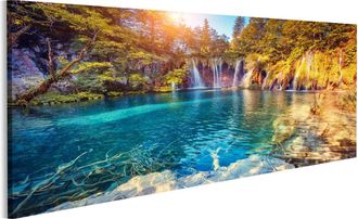 Islandburner Bild Bilder auf Leinwand majest&auml;tische Ansicht auf T&uuml;rkiswasser und sonnige Strahlen im Plitvice See-Nationalpark Kroatien Wandbild, Poster, Leinwandb