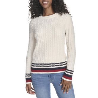 Tommy Hilfiger Damen-Pullover aus Baumwolle mit Rundhalsausschnitt und Zopfmuster, Elfenbeinfarben, X-Klein