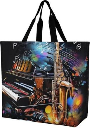 Generic Saxophone Et Piano Sac Fourre-Tout Grand Sacs De Courses D&eacute;contract&eacute; Sac &Agrave; Bandouli&egrave;re Pour Shopping Voyage Universit&eacute;