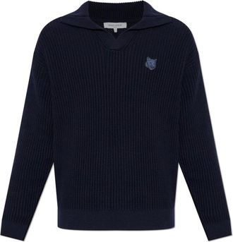 Maison Kitsun&eacute; Homme, Pulls, Bleu, Taille: L Fox Head Cotton Ribbed Polo Jumper